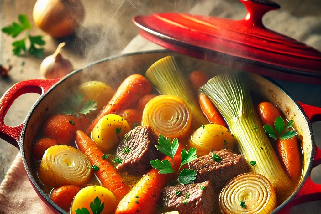 Pot-au-feu traditionnel mijoté en cocotte en fonte - Recettes en cocotte